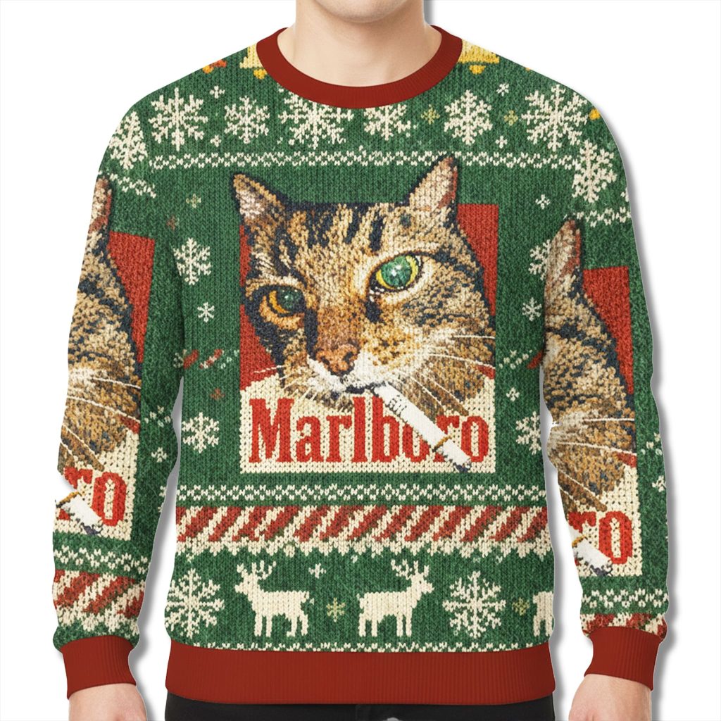 Marlboro Cigarettes Smoking Cat Christmas Sweater